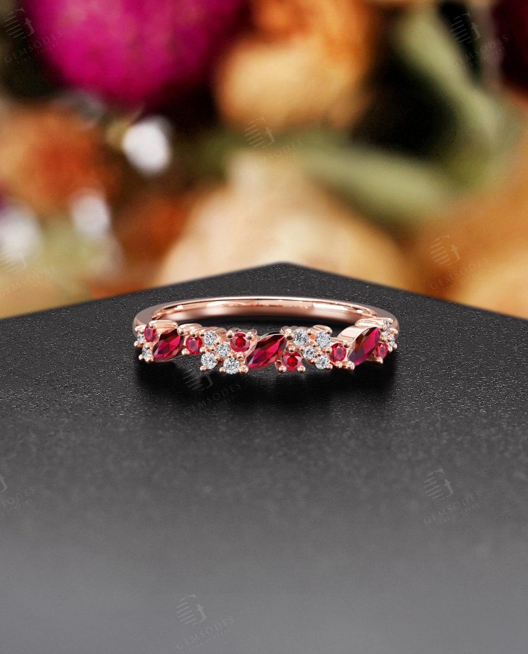 Vintage Ruby Wedding Band,14k Rose Gold Marquise&round Cut Eternity ...