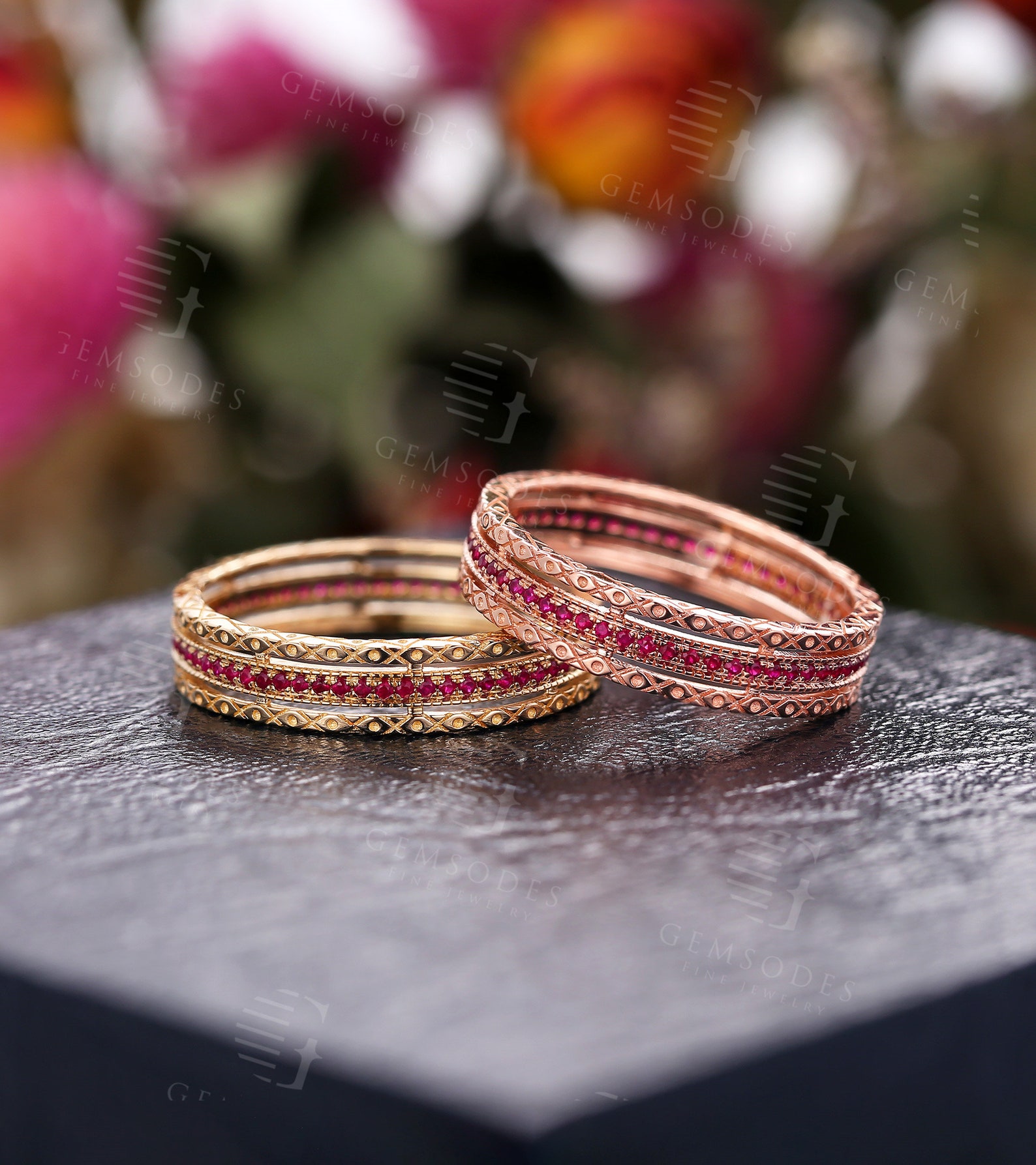 Vintage Wedding Band Women Unique Ruby Wedding Band Matching - Etsy