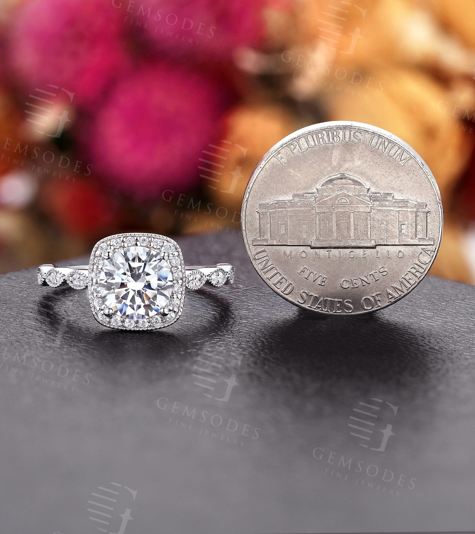 Vintage Moissanite Engagement Ring Round Cut White Gold Ring | Etsy