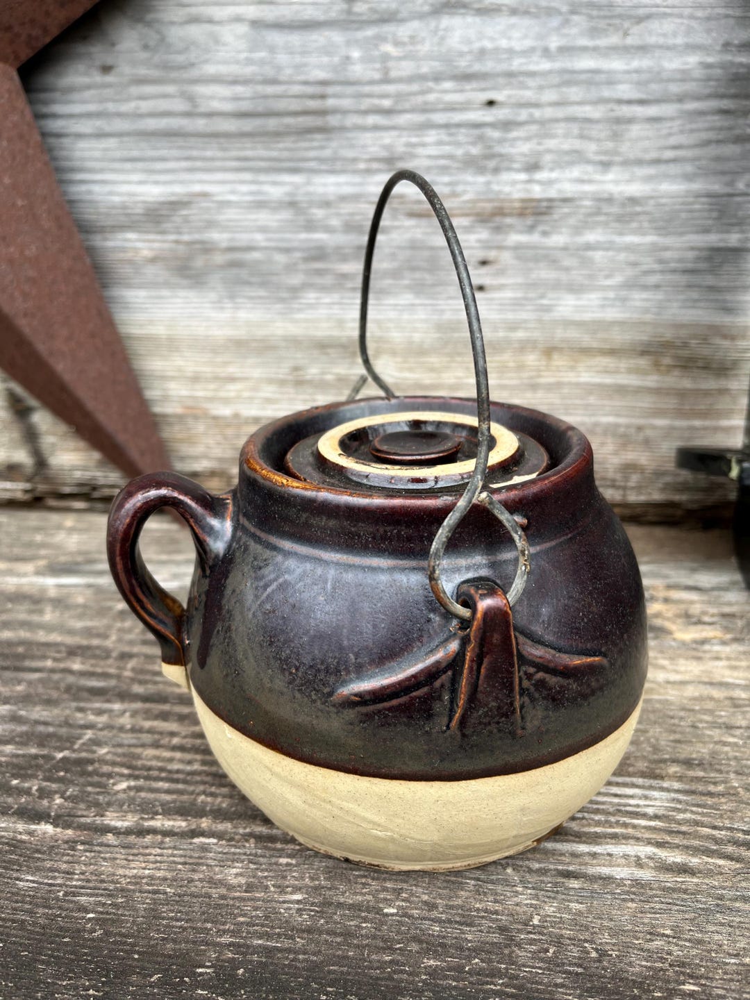 Vintage Stoneware 1 Qt Bean Pot With Lid and Wire Bail Handle - Etsy