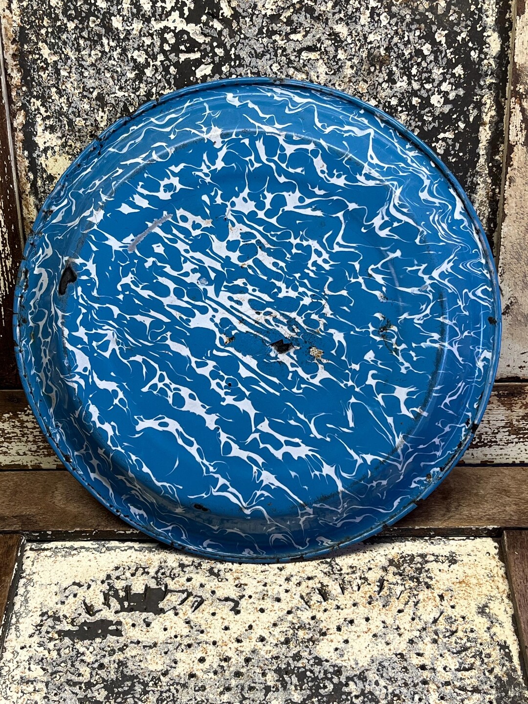9” Vintage Enamelware Graniteware Pie Pan Plate- Blue and White Swirl ...