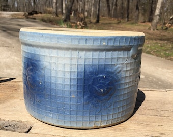 Blue Antique Salt Glazed Butter Crock Complete With Wood Lid and Bail ...