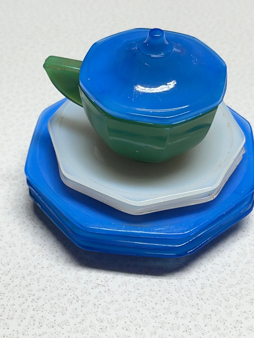 Akro Agate Child's Tea Set Octagonal Partial 7pc Blue, Green, White - Etsy