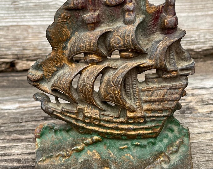 Vintage Cast Iron Sailing Ship Nautical Single Bookend Doorstop 5.25 ...