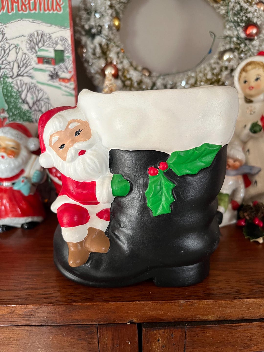 Vintage Ceramic Santa Boot W/holly & Santa Christmas Candy Holder ...