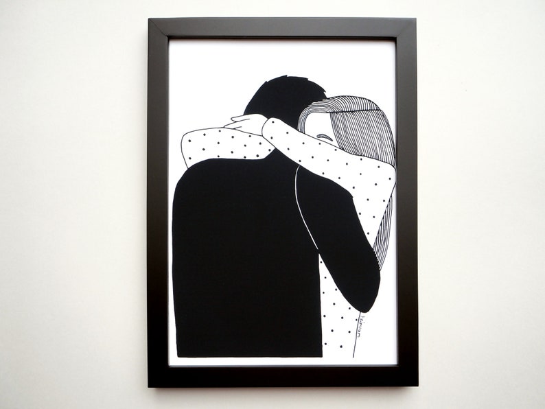Hugging illustration embrace print hugging art cute gift | Etsy