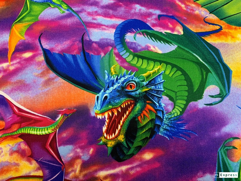 Bright Dragons C6317 Dragon cotton fabric by the yard fantasy | Etsy