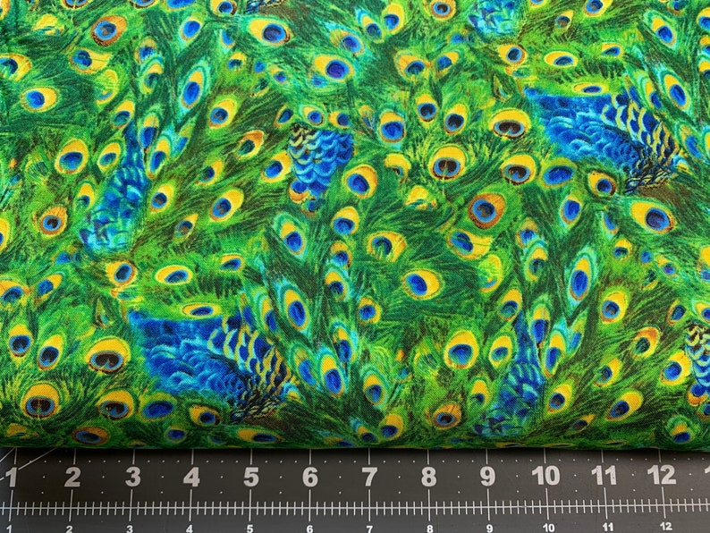 Peacock Feather Cotton Fabric by the Yard Exotica 589 | Etsy