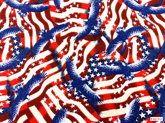 Blue Eagles And American Flag Patriotic Cotton Fabric By The Yard Made