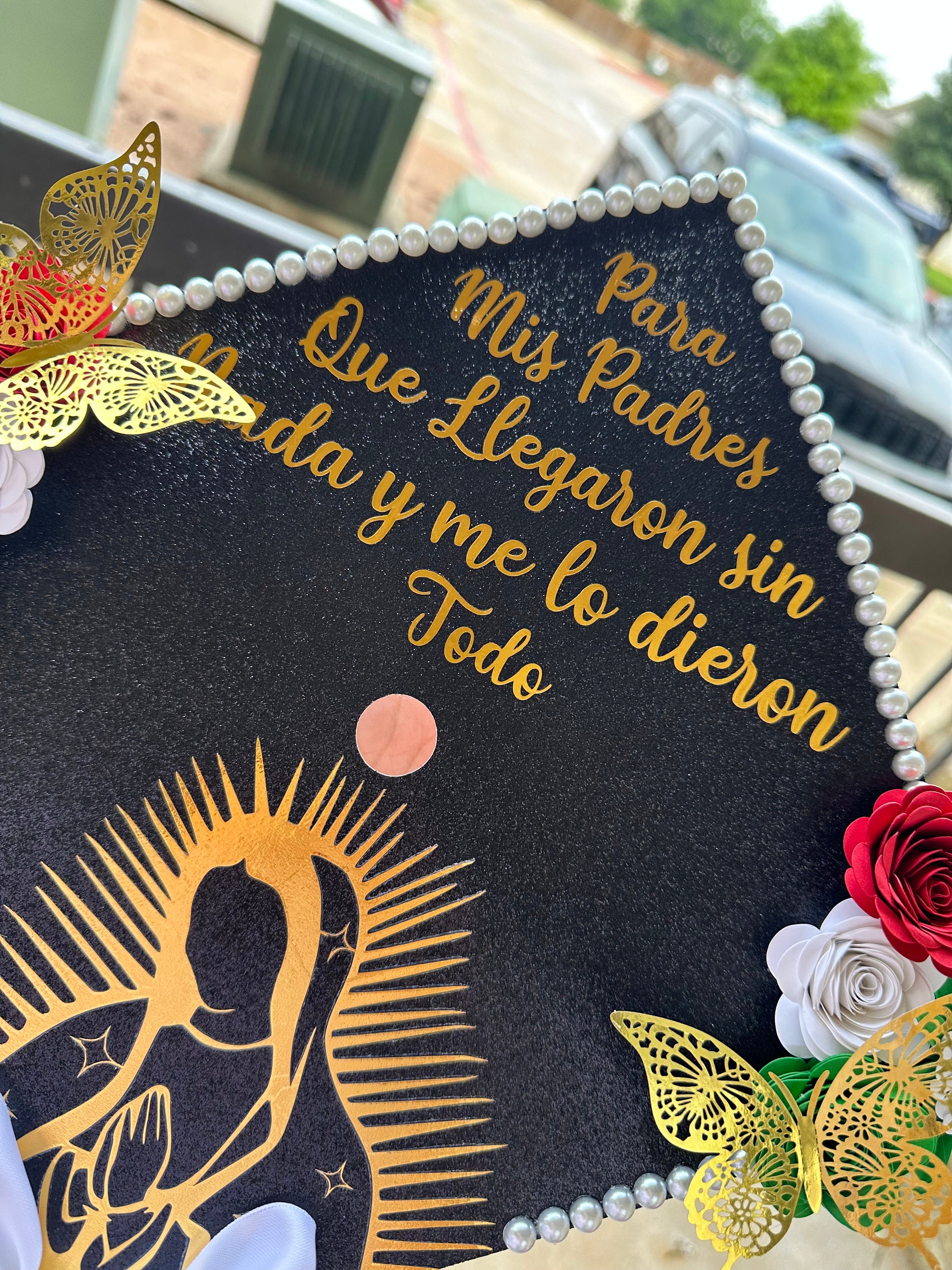 Virgin Mary Graduation Topper, Paper Flowers, Black and Gold Topper ...