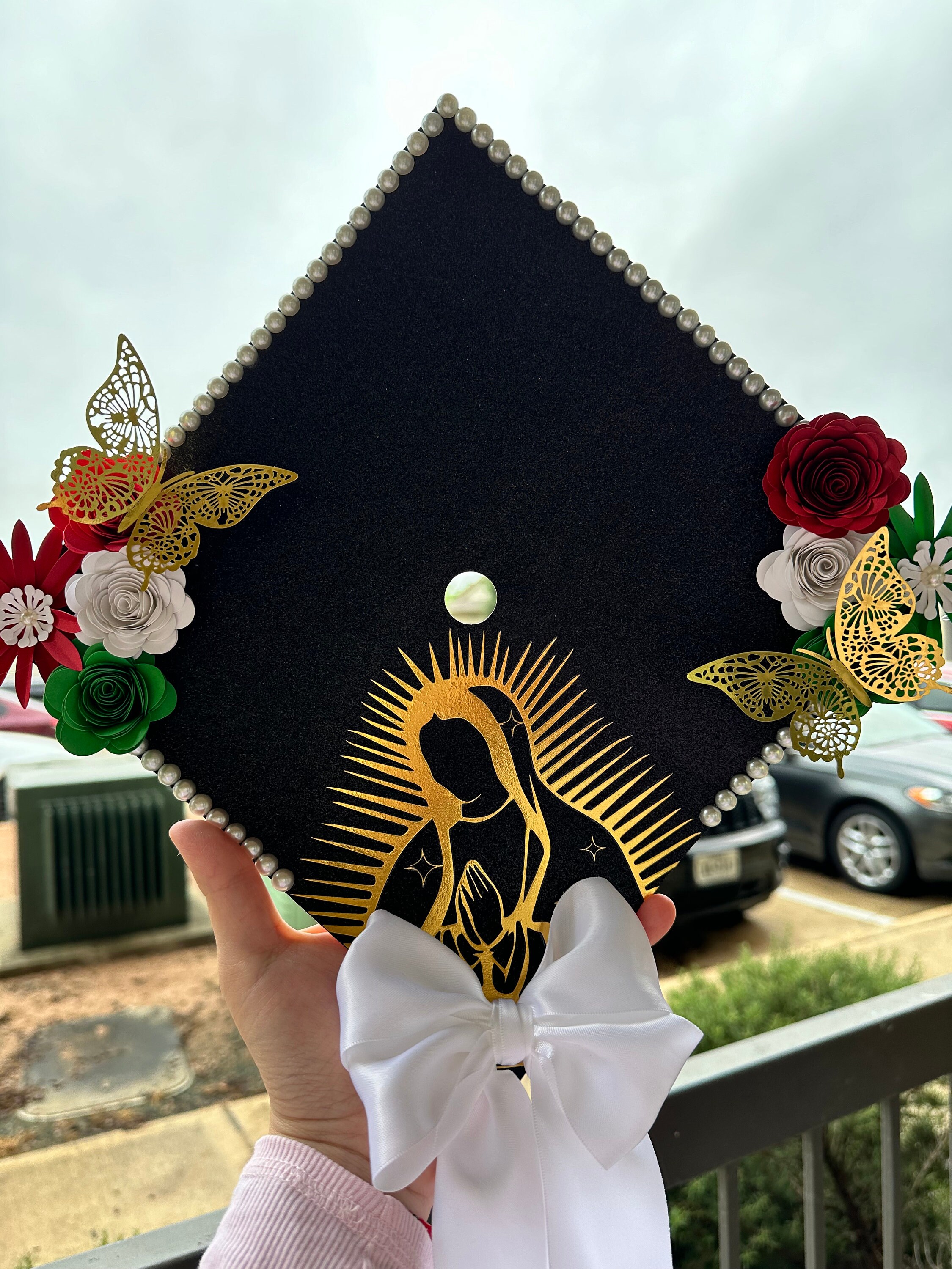 Virgin Mary Graduation Topper, Paper Flowers, Black and Gold Topper ...