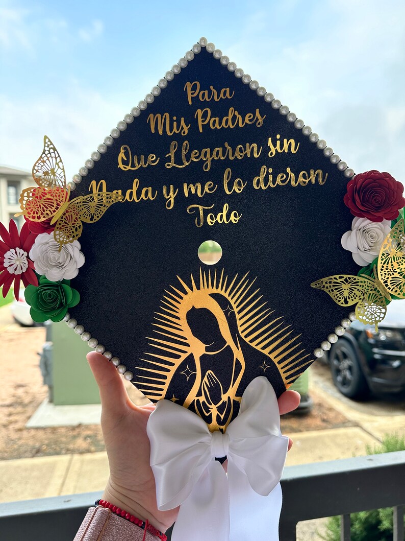 Virgin Mary Graduation Topper, Paper Flowers, Black and Gold Topper ...