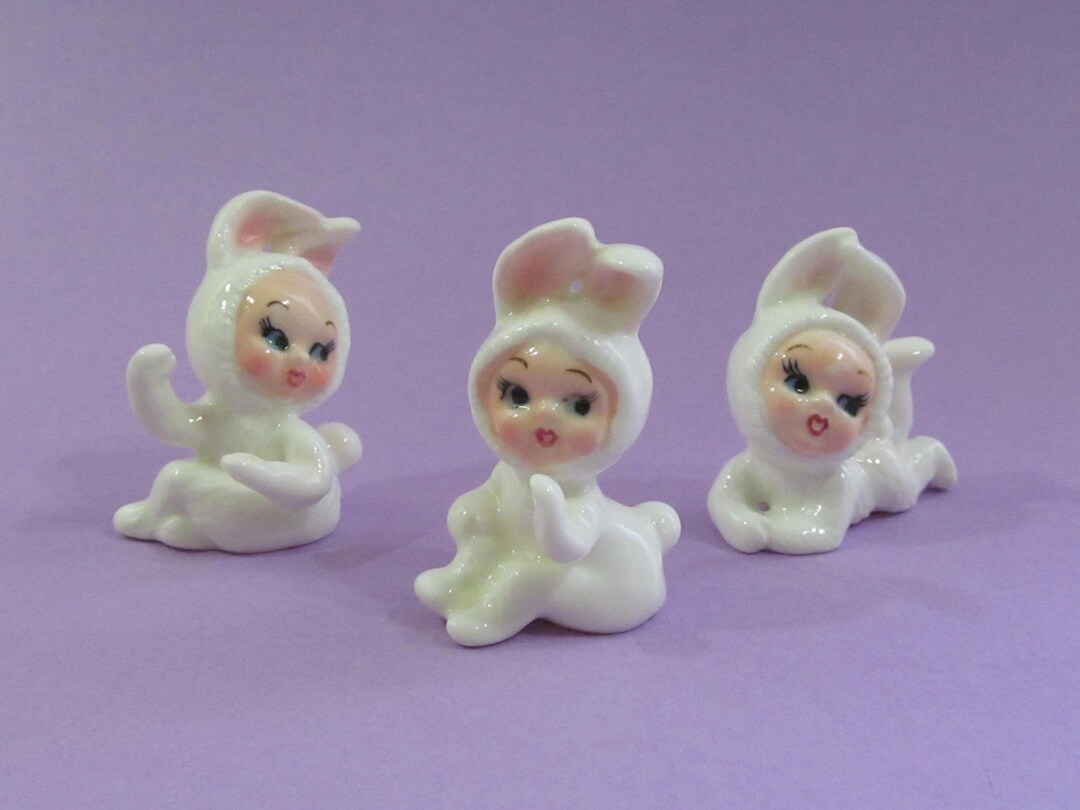 Adorable Vintage Hard to Find Trio Set of Bunny Rabbit Pixie Girl Bone ...