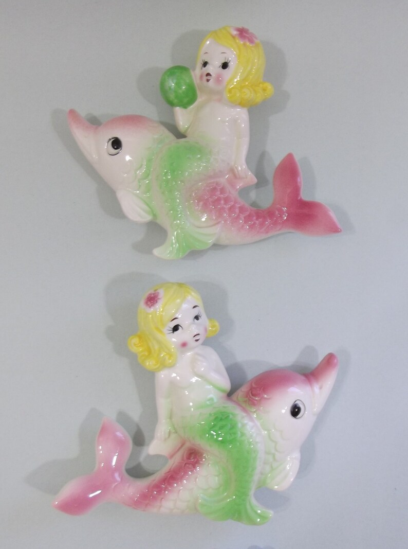 Sonsco Vintage Cute Mermaids Riding Dolphins Pair/set Wall - Etsy