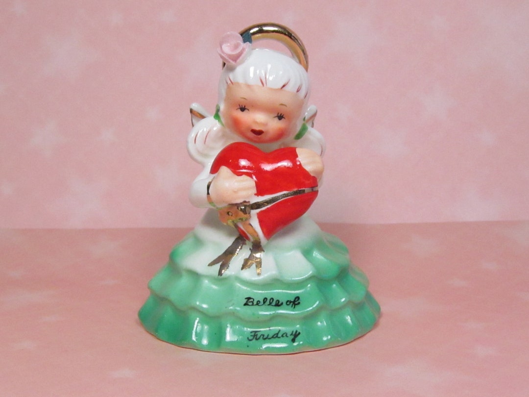 Napco Vintage Cute Belle of Friday Angel Bell Holding Large Red Heart ...