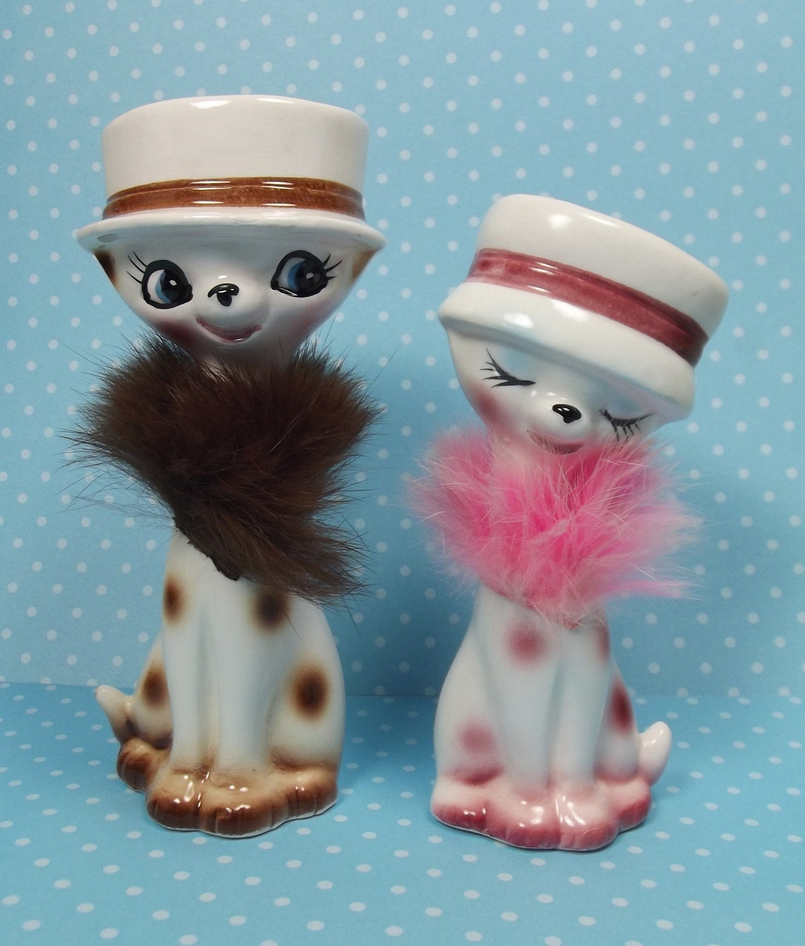 Kitsch VTG Big Eye Kitty Cat Long Neck Figurines Wearing Matching Hats ...