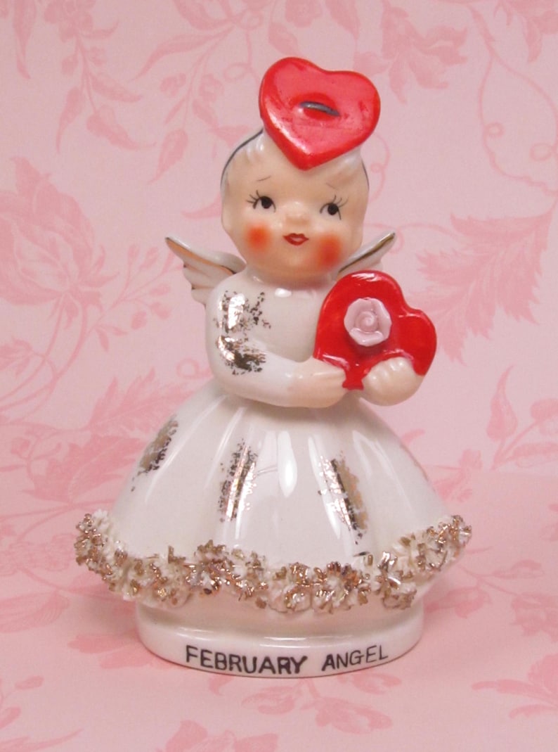 Norcrest Vintage Cute February Angel Figurine Holding Heart With Pale ...