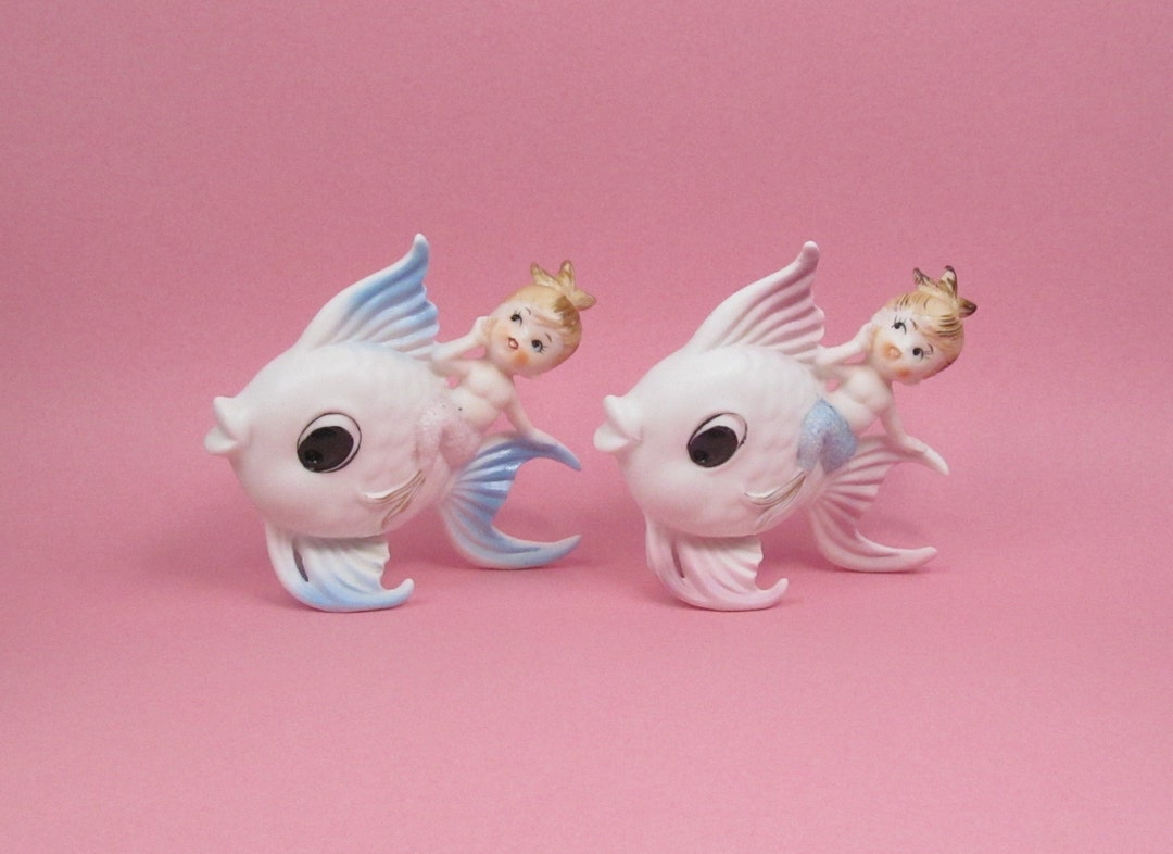 Norcrest Vintage HTF Adorable Pastel Mermaids Riding Their Cute Angel ...
