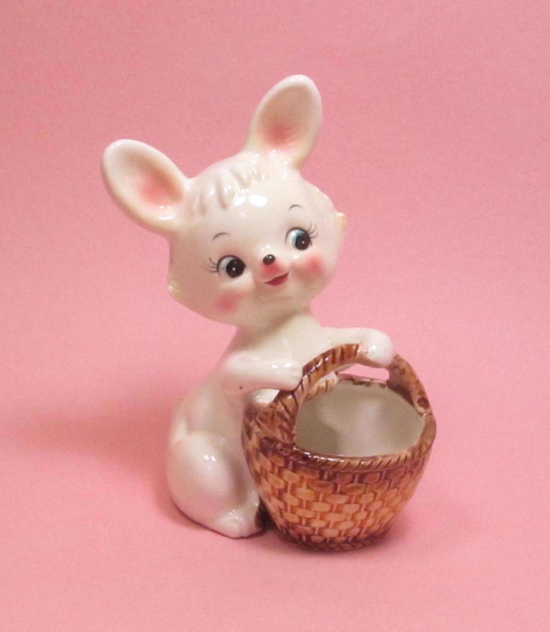 Norcrest Vintage Kitsch Bunny Rabbit Holding Basket Planter Candy Dish ...