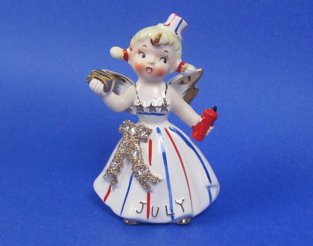 Lefton VTG July Rhinestone Angel Figurine Holding Firecracker - Etsy