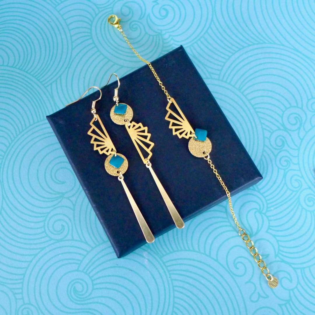 Art Deco Graphic Jewelry Set in Gold and Green Enamel, Gift Box With ...
