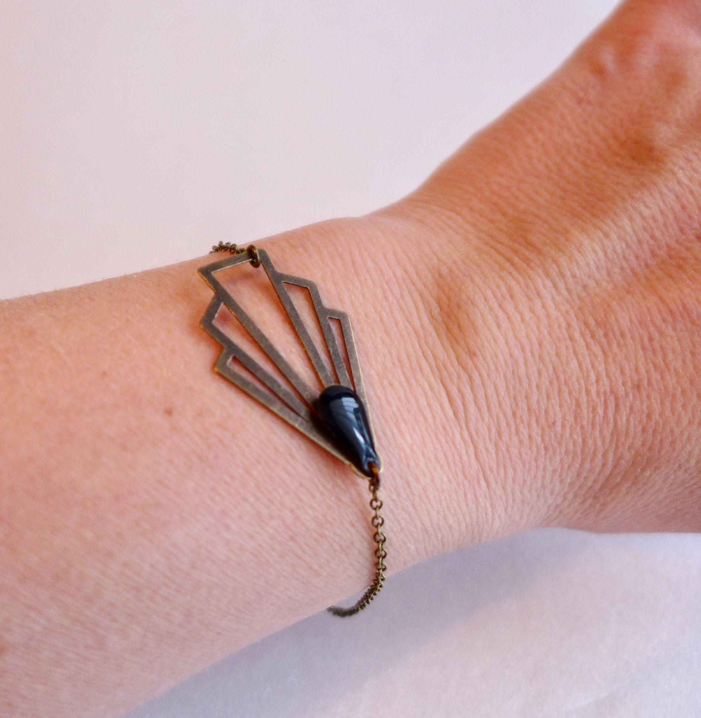Art Deco Bronze and Black Enamel Fan Bracelet, Bronze and Black Graphic ...
