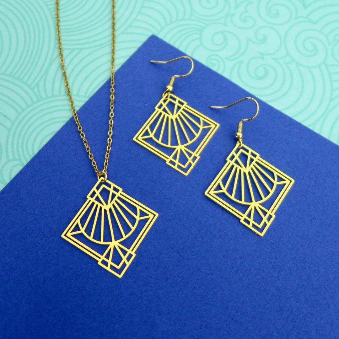 Art Deco Jewelry Set Necklace and Earrings, Fine Gold Graphic Diamond ...