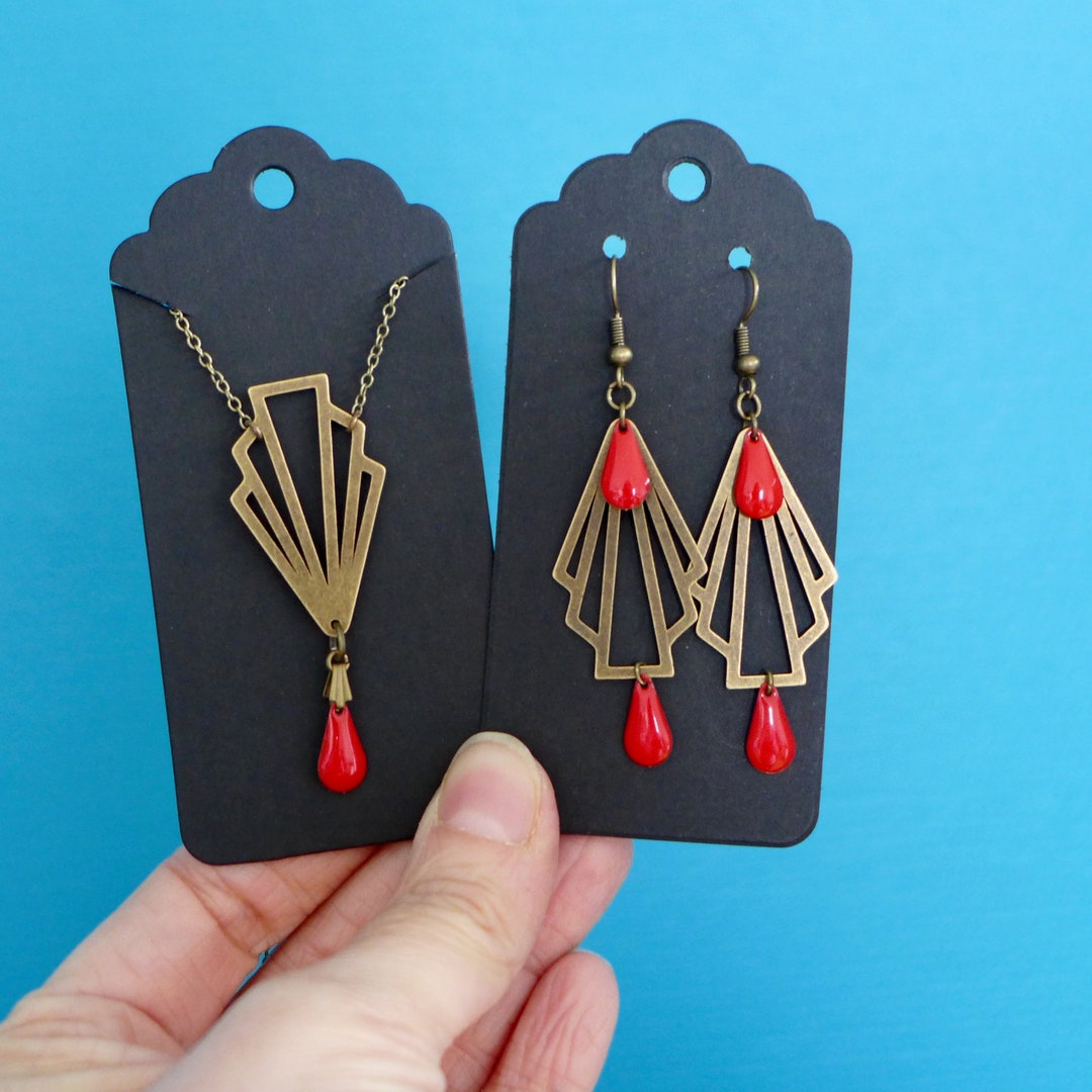 Art Deco Graphic Jewelry Set in Red Bronze, Red Bronze Fan Necklace and ...