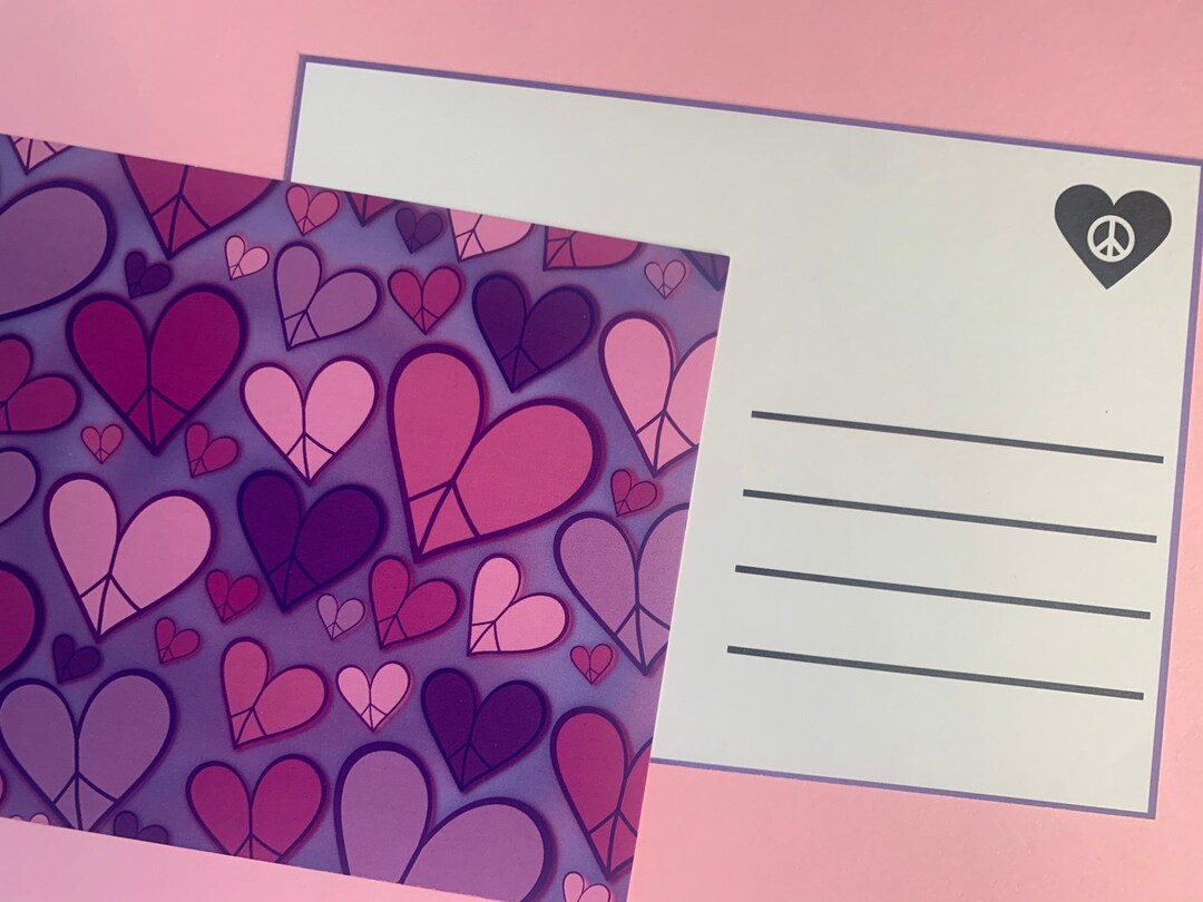 Pretty Purple Postcard With Peace Sign Hearts - Etsy