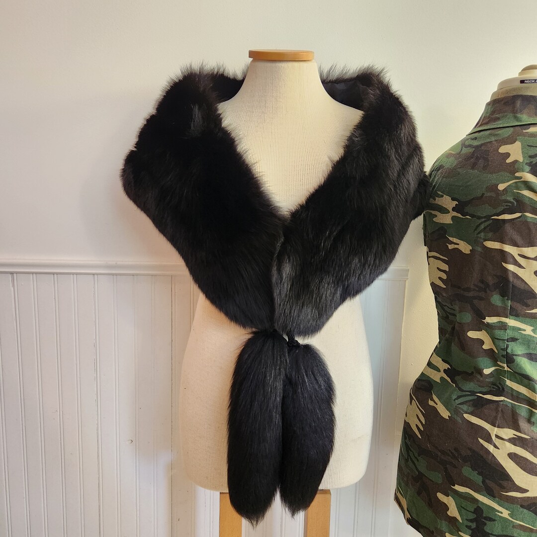 Vintage Black Fox Fur Wrap With Tail Tassels Real Fox Fur Ultra Soft ...