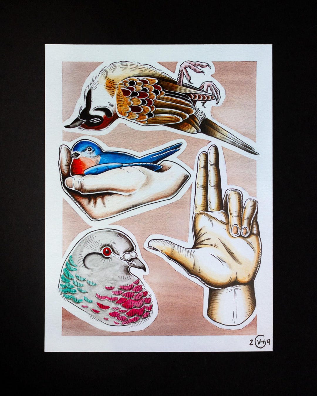 Birds Tattoo Flash Style Print 9"x12", Nature, Illustration, Watercolor ...