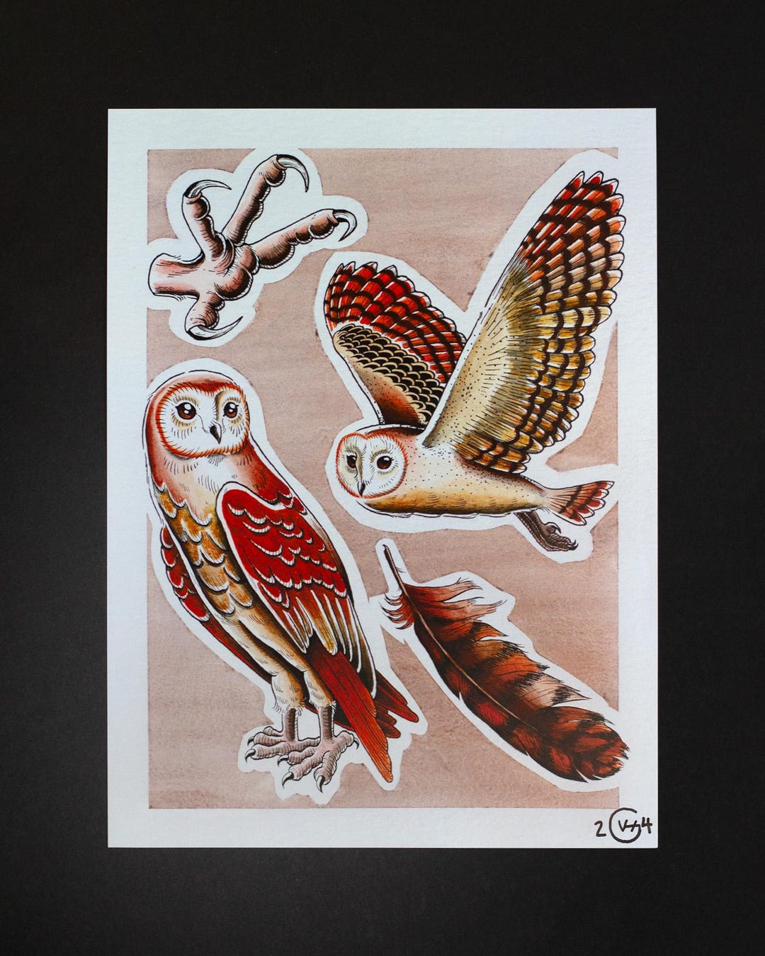 Owls Tattoo Flash Style Print 9"x12", Nature, Illustration, Watercolor ...