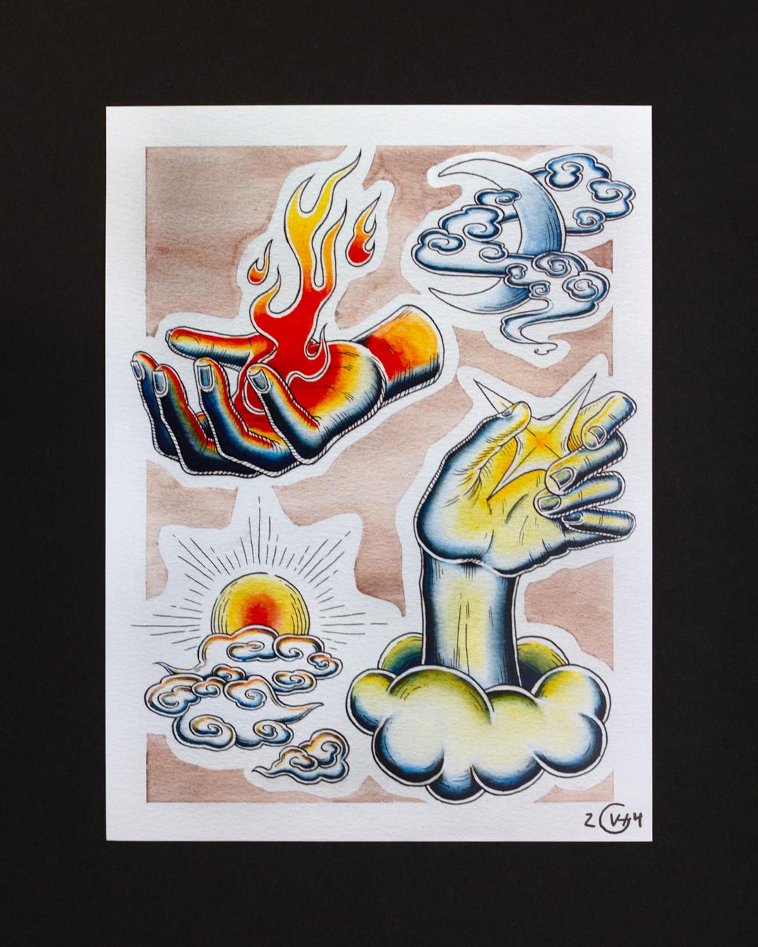 Sun and Moon Tattoo Flash Style Print 9"x12", Nature, Illustration ...