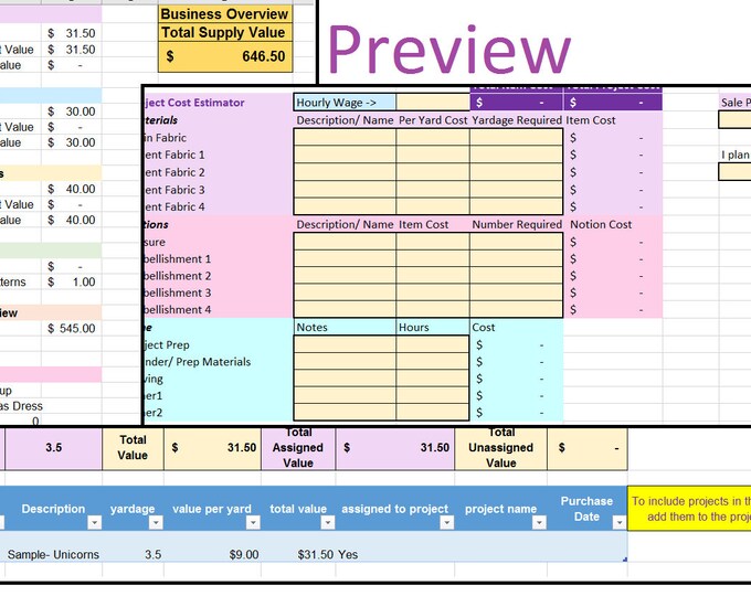 Sewing Fabric Inventory and Project Planner Spreadsheet- Excel Download ...