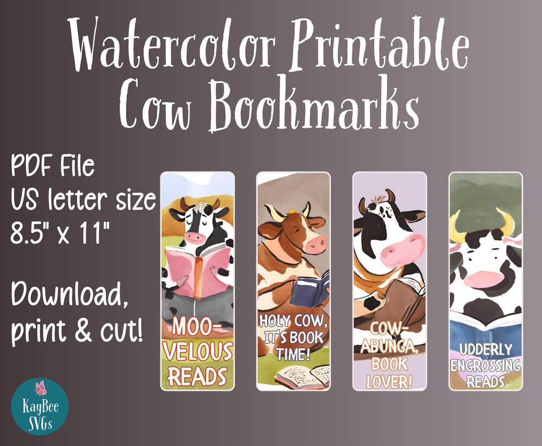 Watercolor Printable Cow Bookmarks Digital Download PDF 8.5 X 11 Set of ...