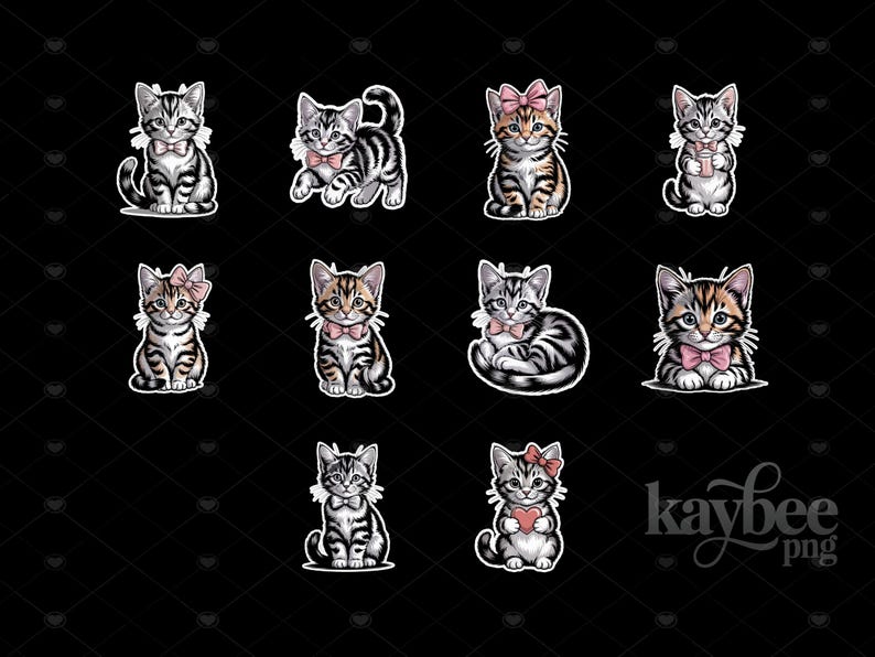 Coquette Kittens PNG Clipart Sticker Bundle - High Res Images for DTF ...