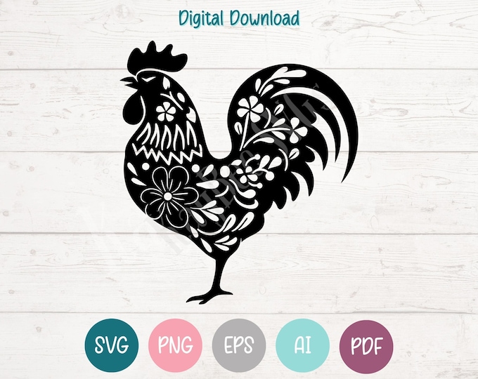 Floral Rooster Svg & Png, Rooster Clipart, Flower Vector Image, Rooster ...