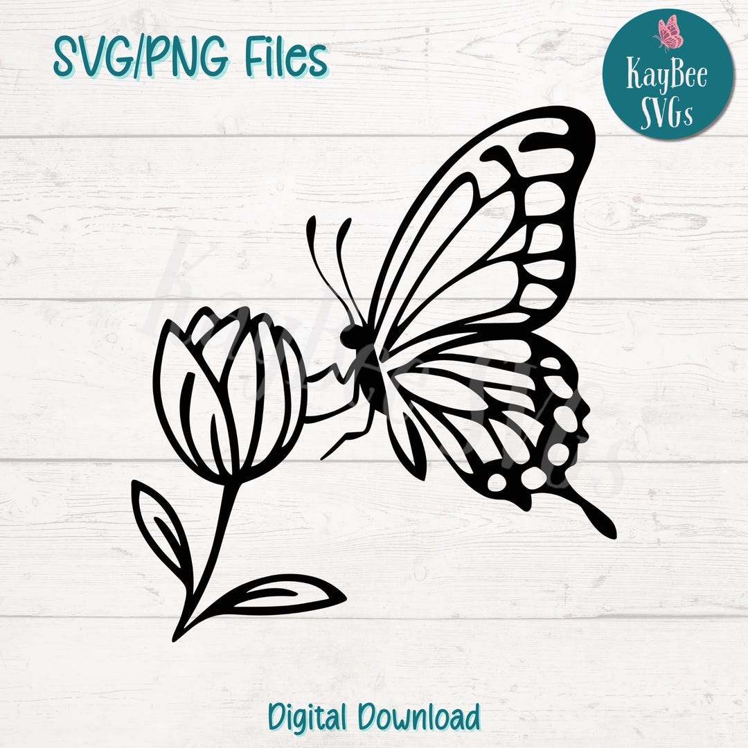 Butterfly on Flower Bud SVG PNG Cut Files for Cricut, Silhouette ...