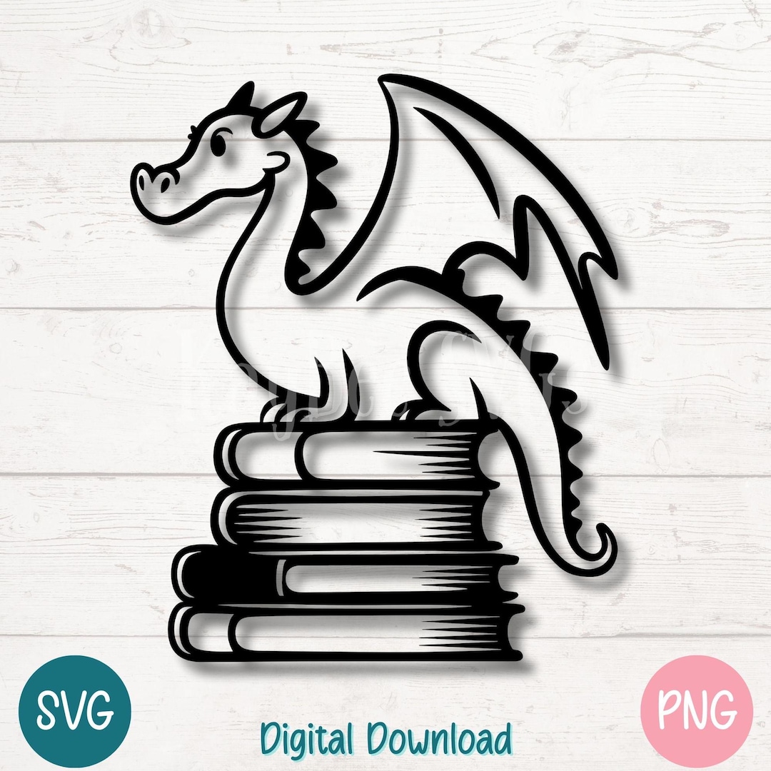Book Dragon SVG PNG Perched on Old Book Stack Fantasy Silhouette for ...