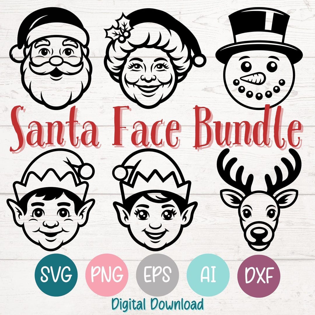 Christmas Face SVG Bundle - Santa, Mrs. Claus, Elf, Reindeer - Digital ...