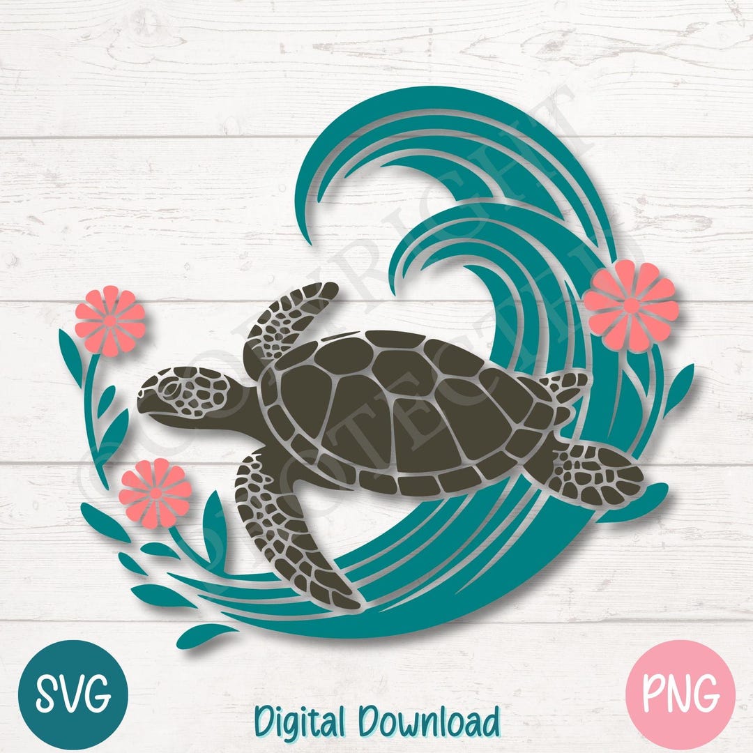 Sea Turtle SVG PNG, Ocean Wave and Floral Clipart, Tropical Marine Life ...