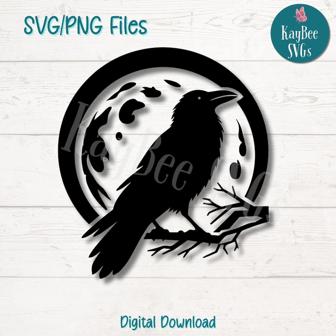 Raven in Full Moon SVG PNG Cut Files for Cricut, Silhouette Digital ...