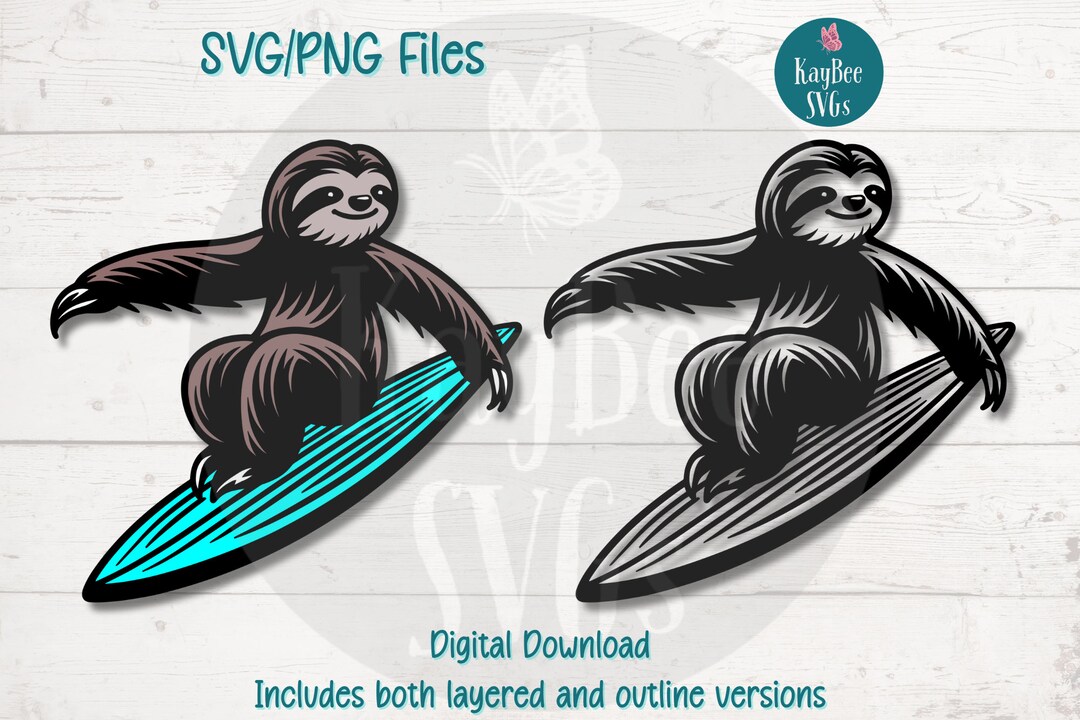 Surfing Sloth SVG | PNG Cut Files for Cricut, Silhouette, Digital ...