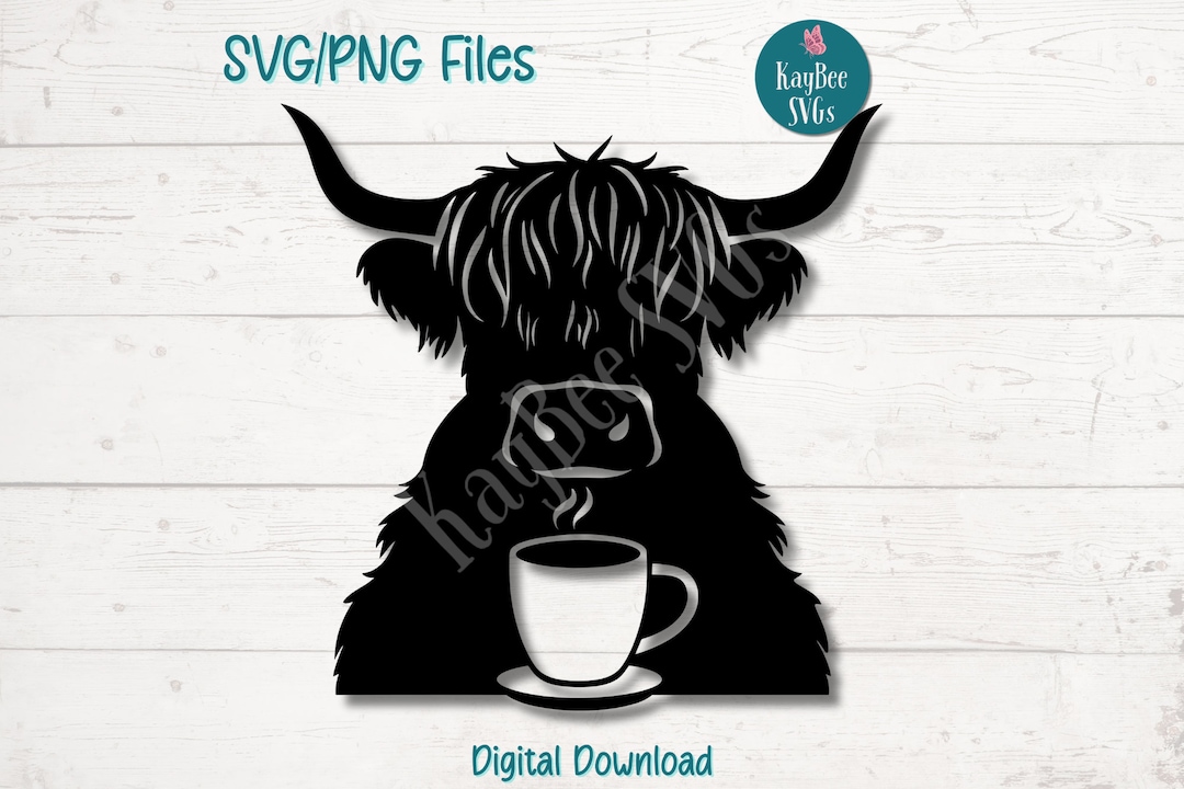 Highland Cow Drinking Coffee SVG | PNG Cut Files for Cricut, Silhouette ...
