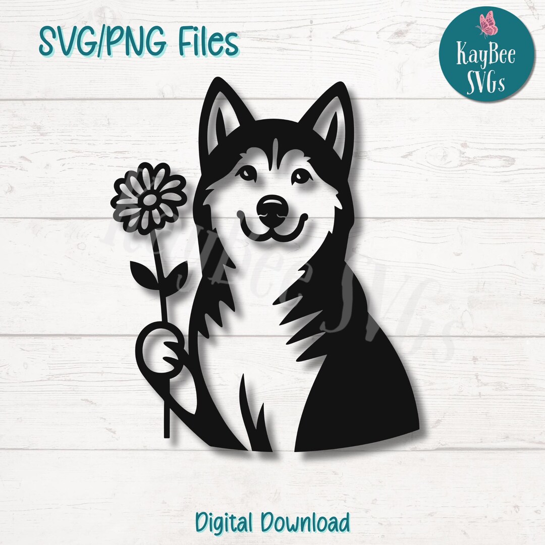 Husky Dog With Daisy SVG PNG Cut Files for Cricut, Silhouette Digital ...