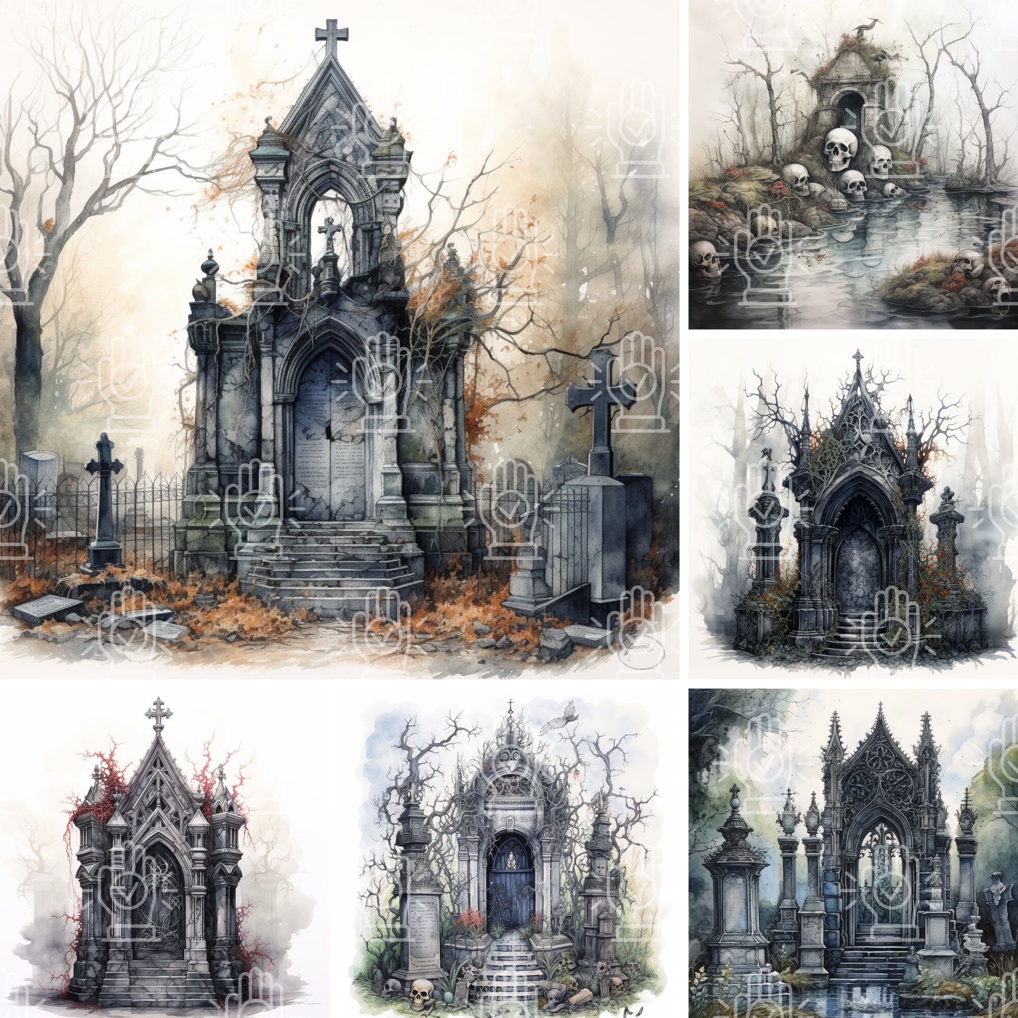 Watercolor Halloween Clipart for Scrapbook Gothic Grave Digital Paper ...