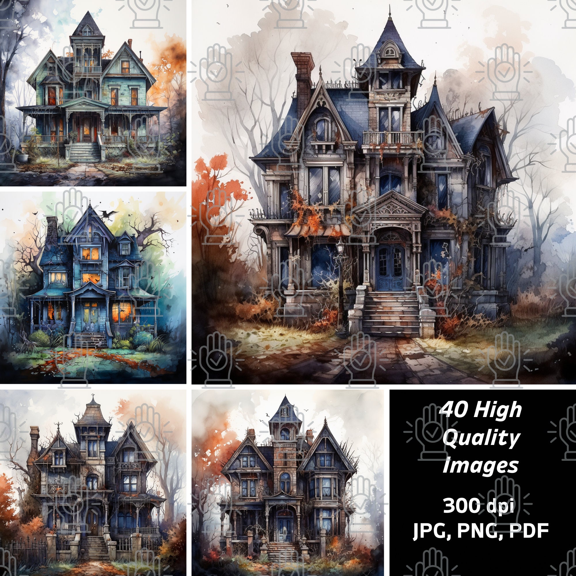 Watercolor Haunted House Digital Paper: Spooky Halloween Scrapbook (JPG ...