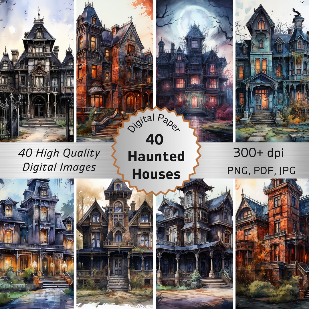 Watercolor Haunted House Digital Paper: Spooky Halloween Scrapbook (JPG ...