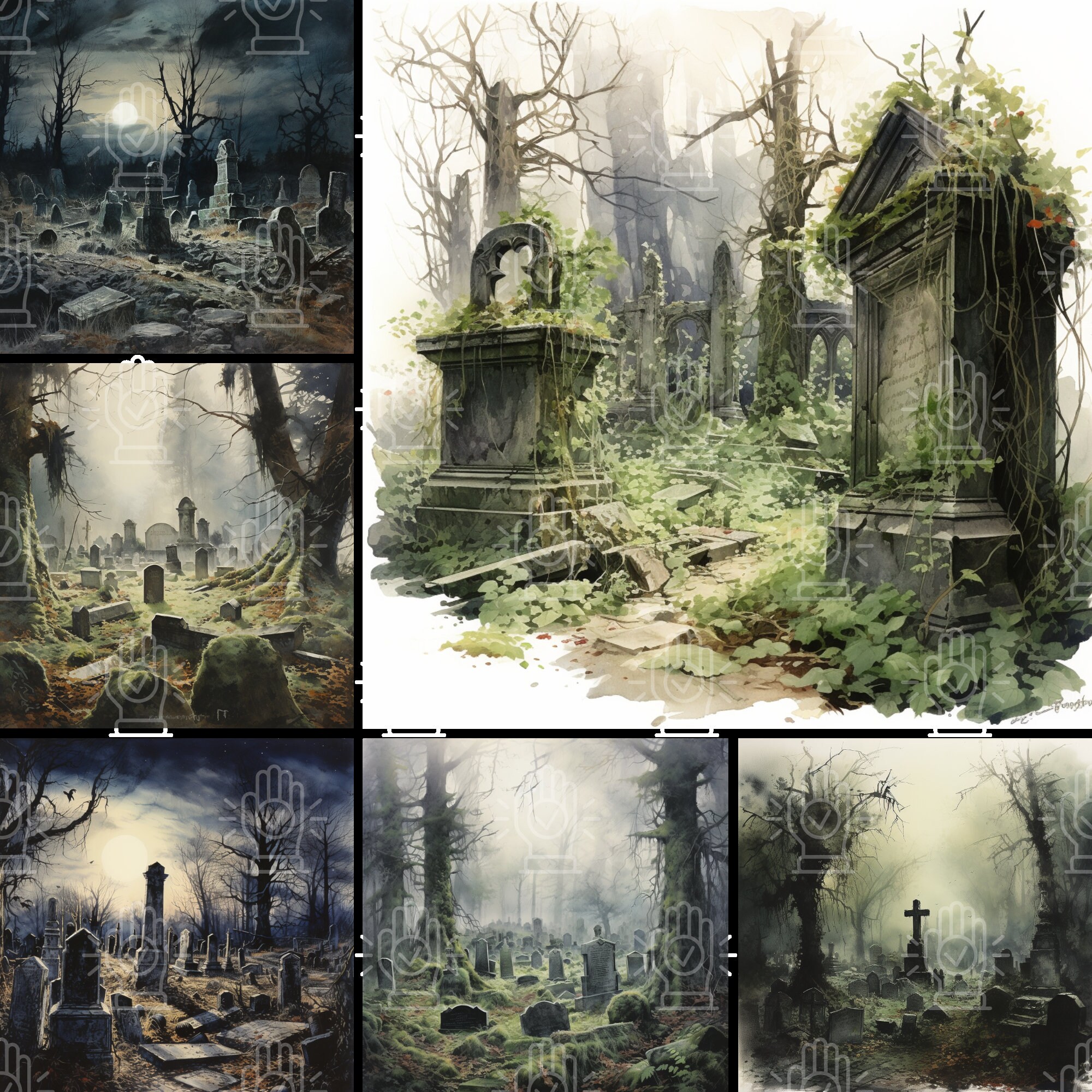 Watercolor Graveyard Digital Paper: Gothic Halloween Scrapbook (JPG ...