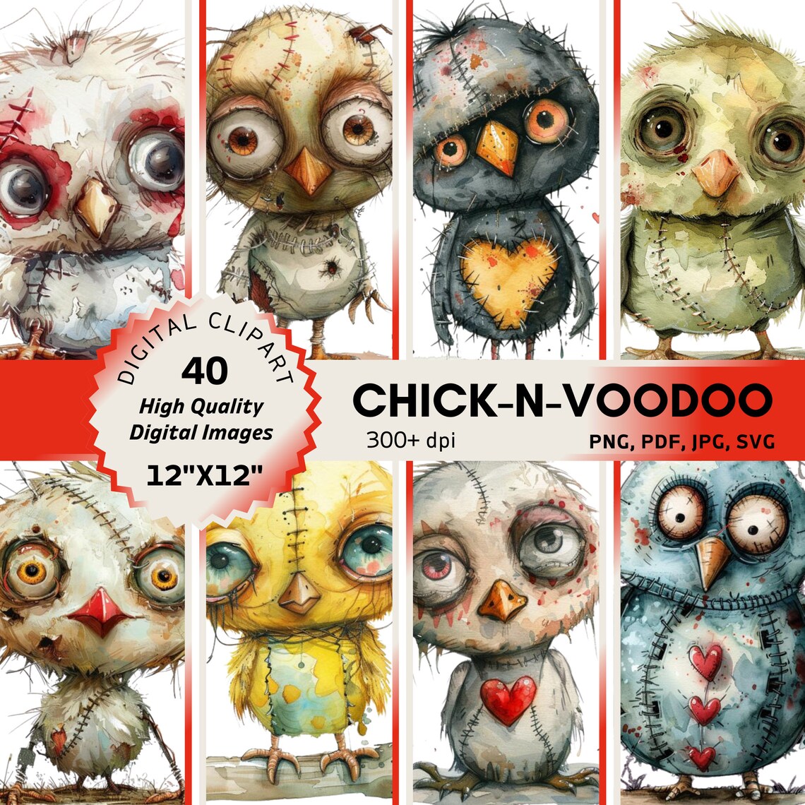 Funny Chicken Voodoo Doll Clipart Bundle: Quirky Watercolor PNG SVG ...